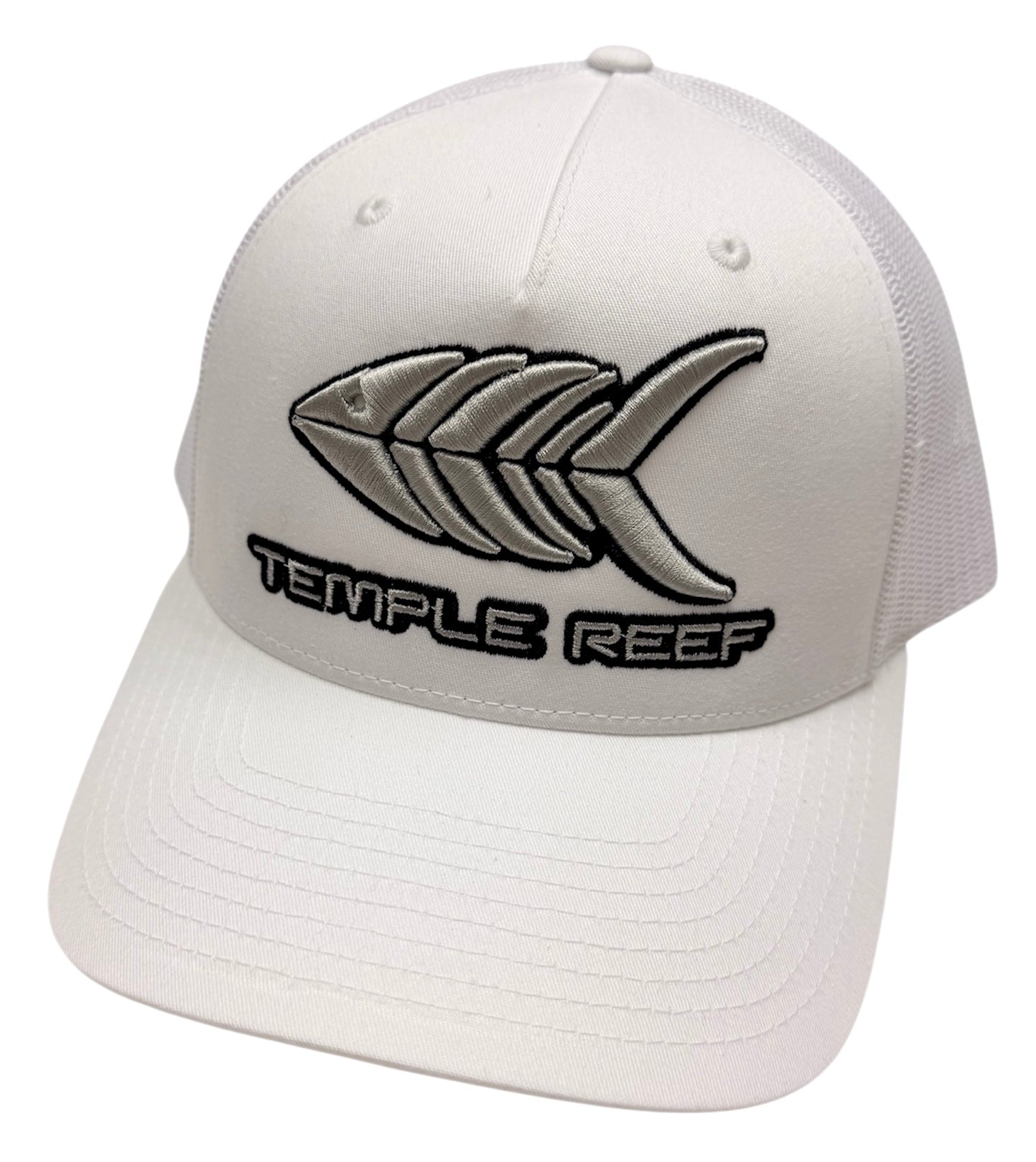 Temple Reef Ocean Approved Hat – Silver Logo White Trucker